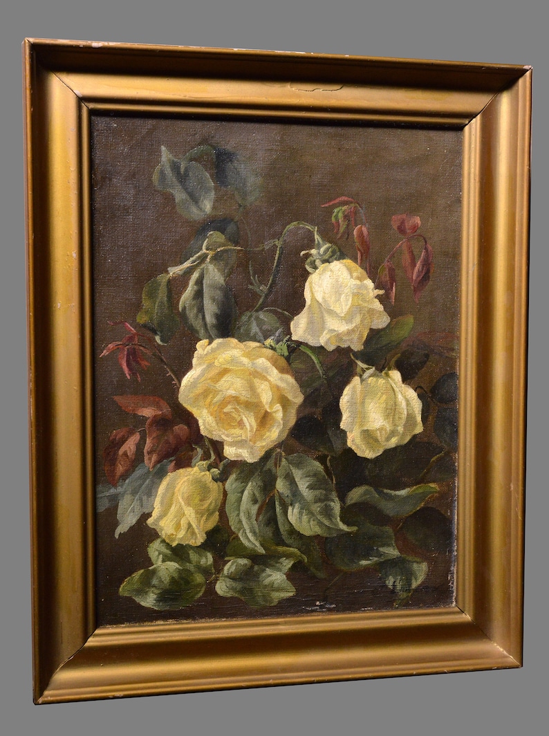 Still Life Bouquet of White Roses 19th Century Oil Painting N Frame ...