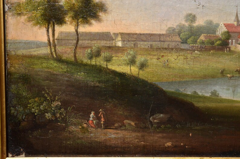 German Baroque Landscape Settlement Near Lake 18th Century Oil Painting ...