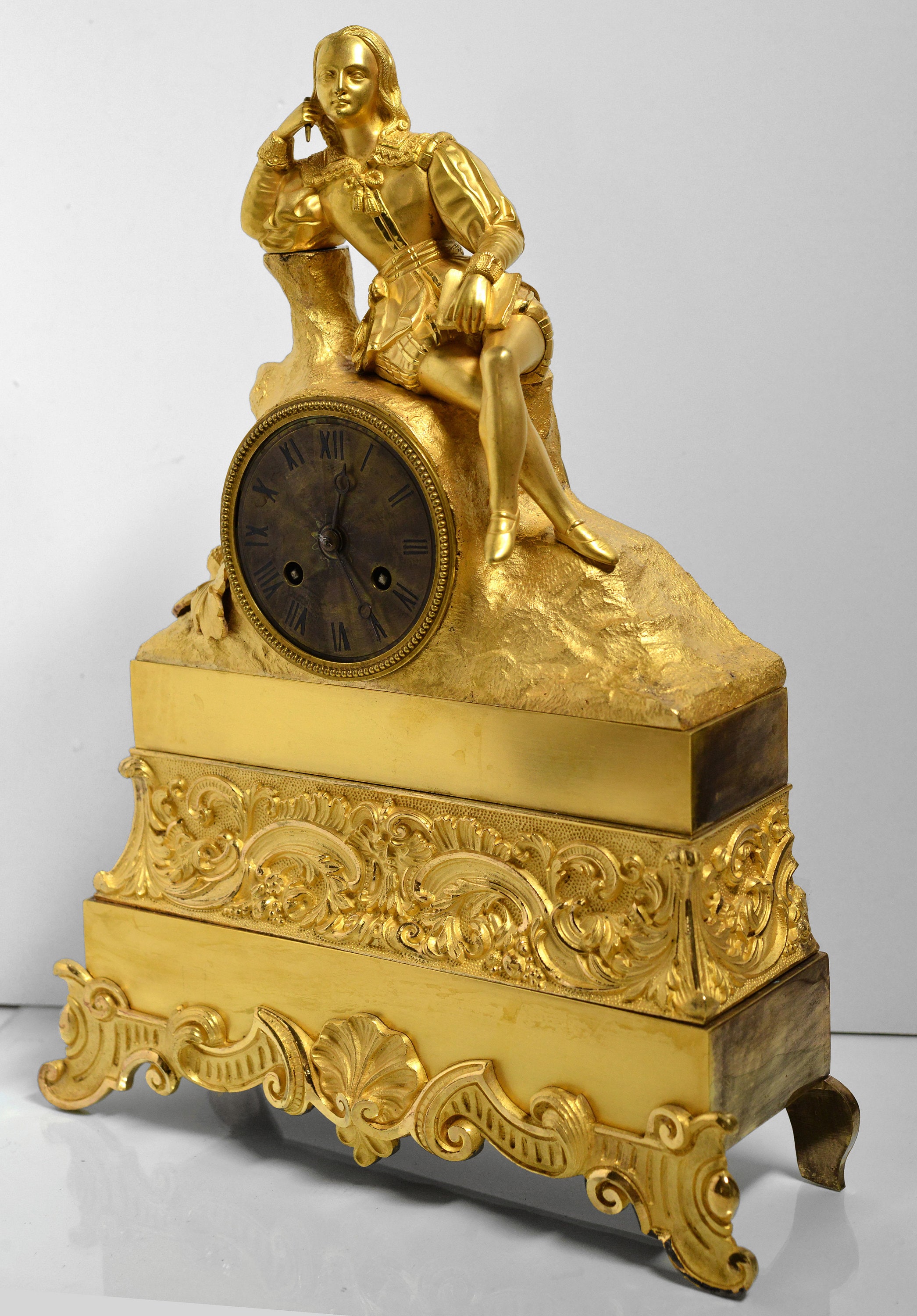 French Gilt Bronze Figural Antique Clock W Renaissance Poet Early 19th ...