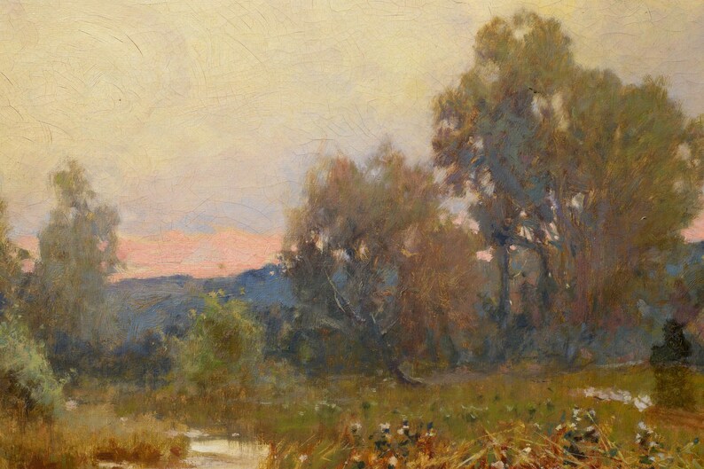 Antique Victorian Countryside Oil Landscape Sunset on River Scene 1890s ...
