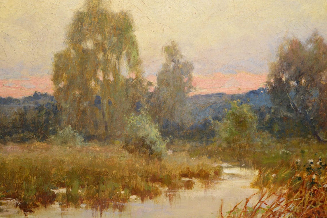 Antique Victorian Countryside Oil Landscape Sunset on River Scene 1890s ...