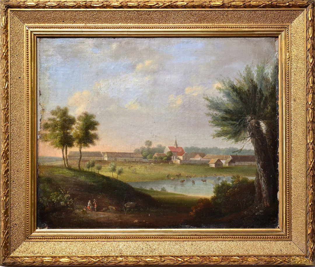 German Baroque Landscape Settlement Near Lake 18th Century Oil Painting ...