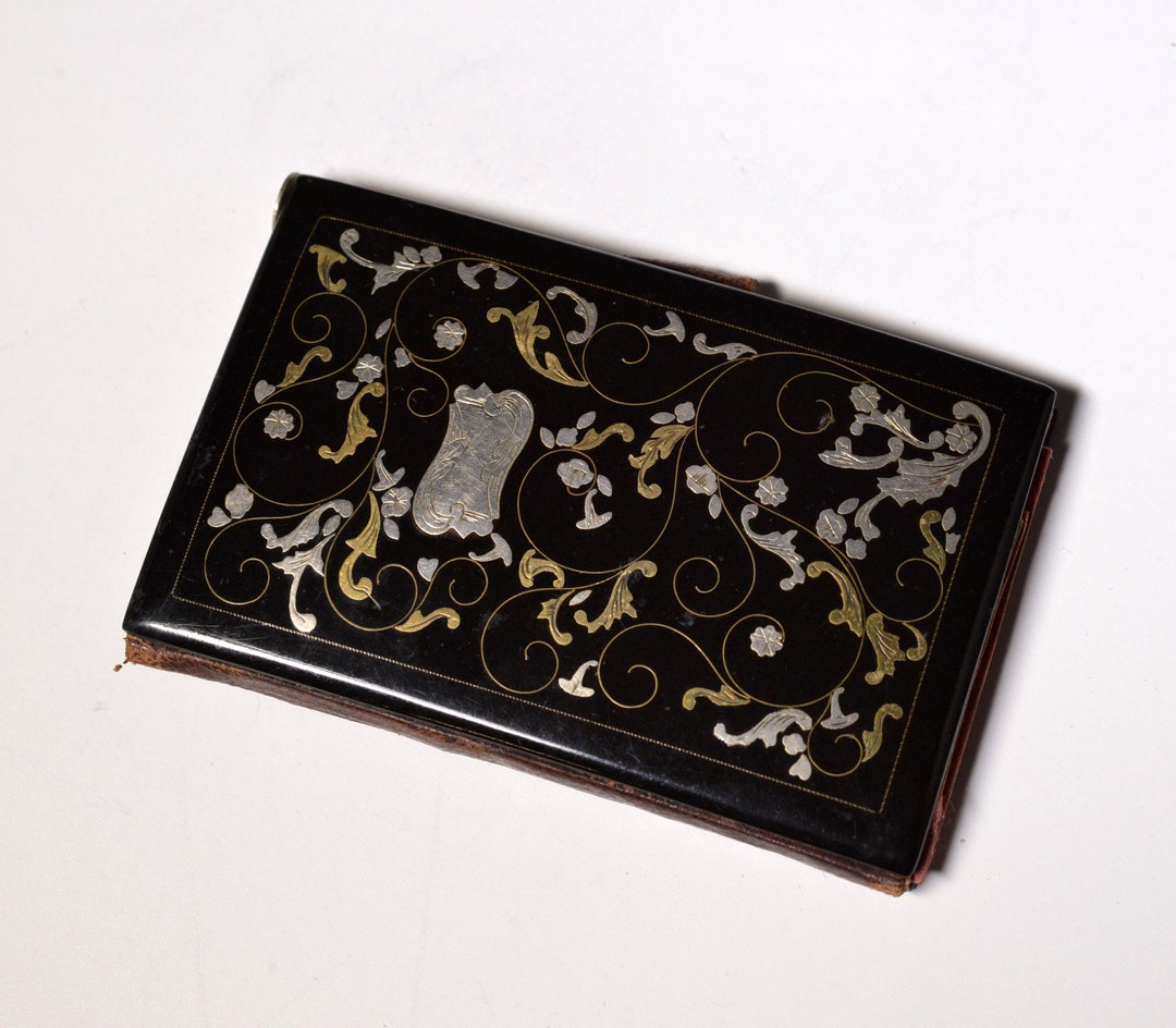 Rare 19C Antique Metal Intarsia Over Lacquer Pocketbook Card Game ...