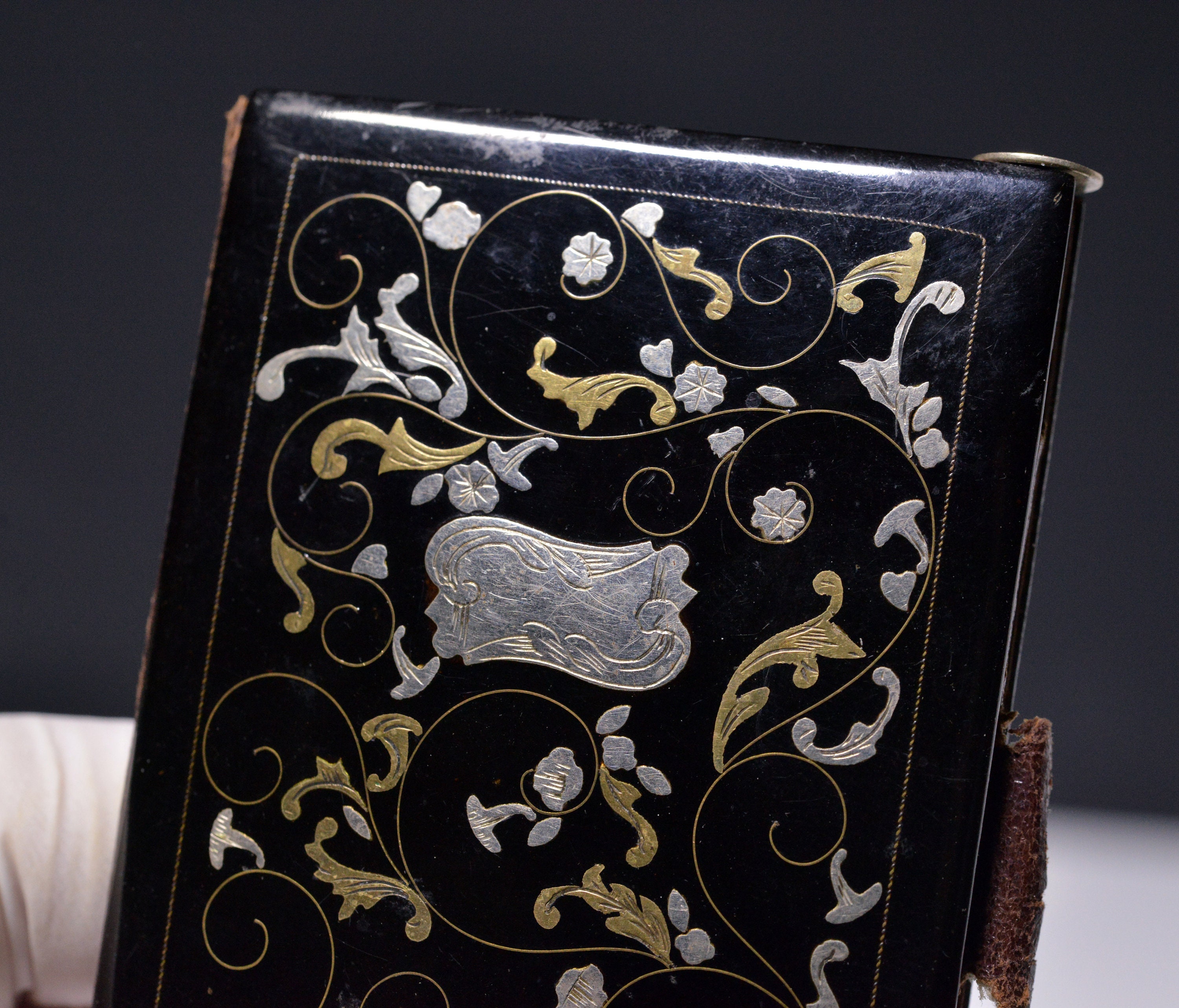 Rare 19C Antique Metal Intarsia Over Lacquer Pocketbook Card Game ...