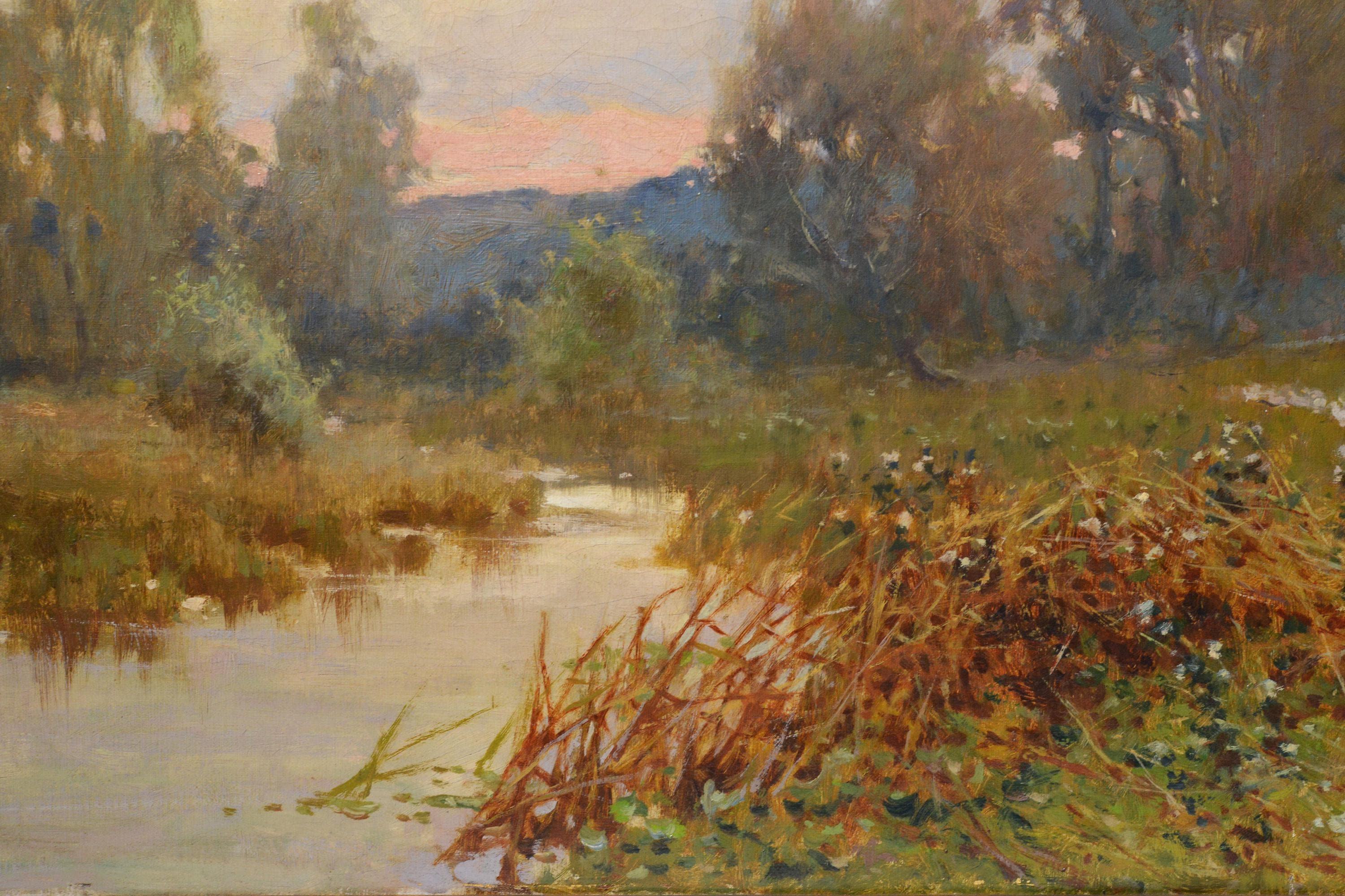 Antique Victorian Countryside Oil Landscape Sunset on River Scene 1890s ...