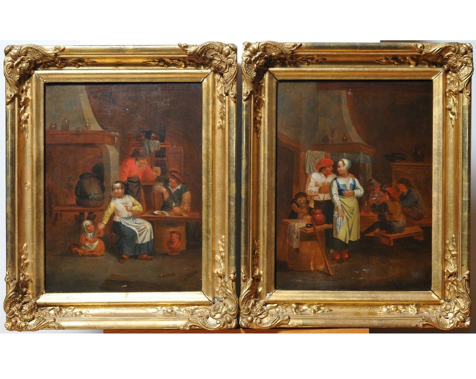 17C Baroque Dutch Pair Antique Oil Paintings on Wood Fine Genre Scenes ...