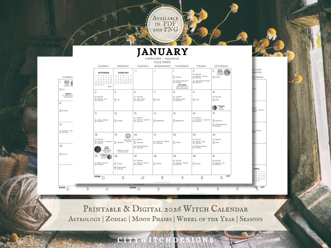 2026 Witch Calendar: Astrology, Moon Phases, Zodiac Times, Sabbats CST ...