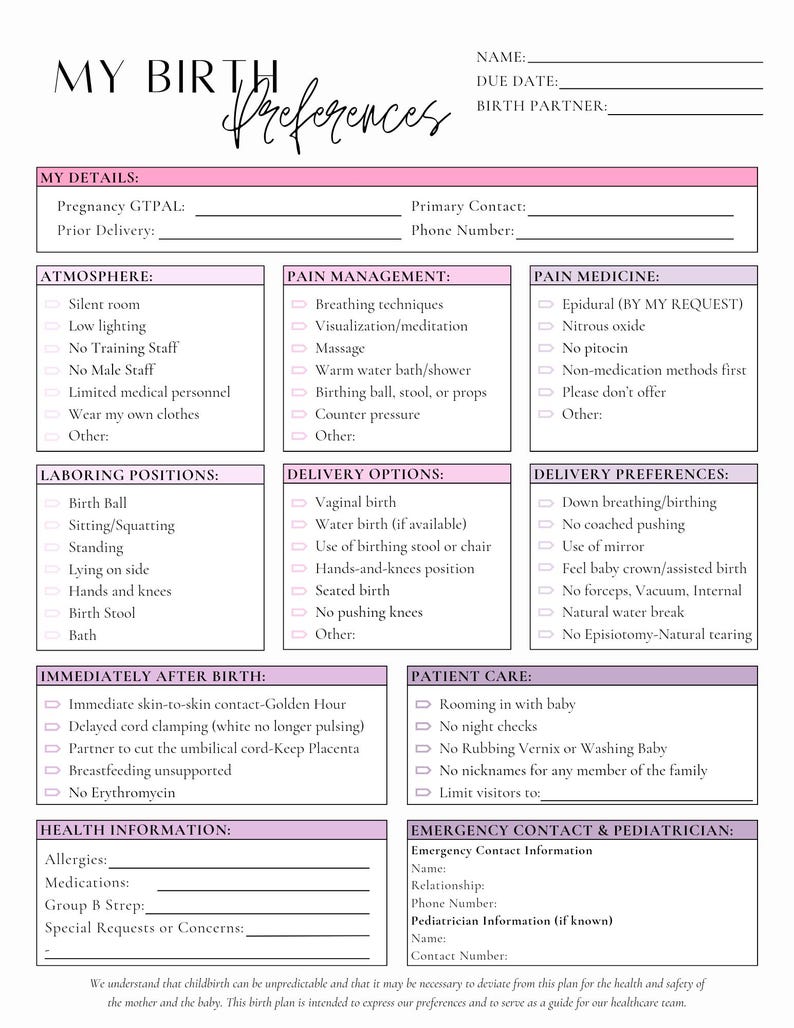 Birth Plan Customizable Digital Template - Etsy
