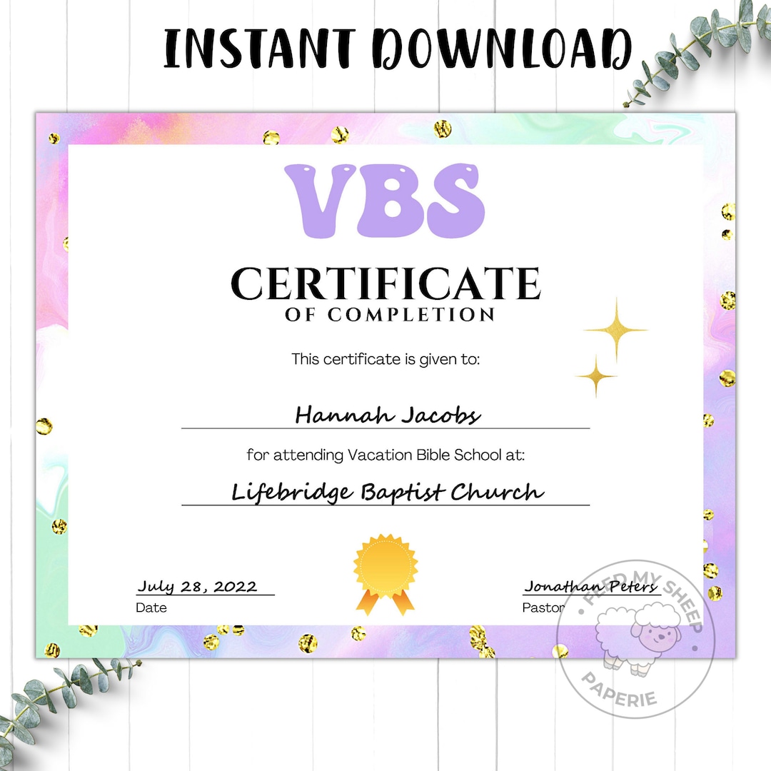 Editable VBS Certificate of Completion: Printable Template (instant ...