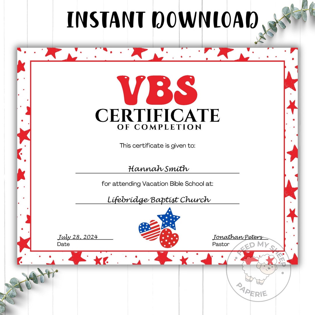 VBS Certificate VBS Vacation Bible School Certificate of Completion Red ...