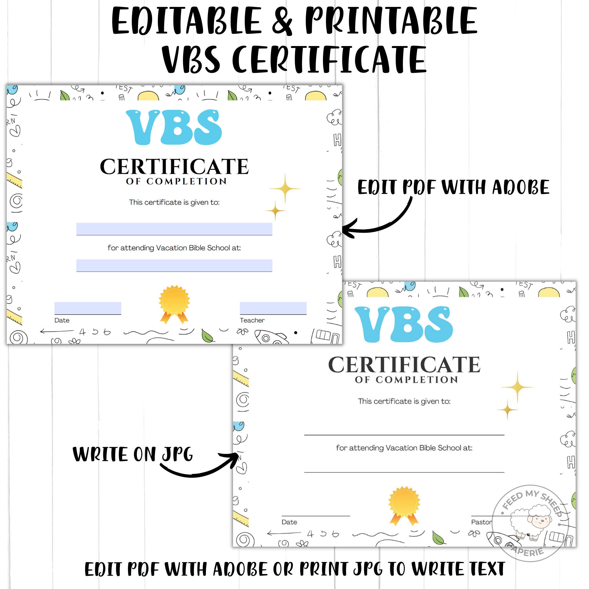 VBS Summer Camp VBS Certificate VBS Vacation Bible School Certificate ...