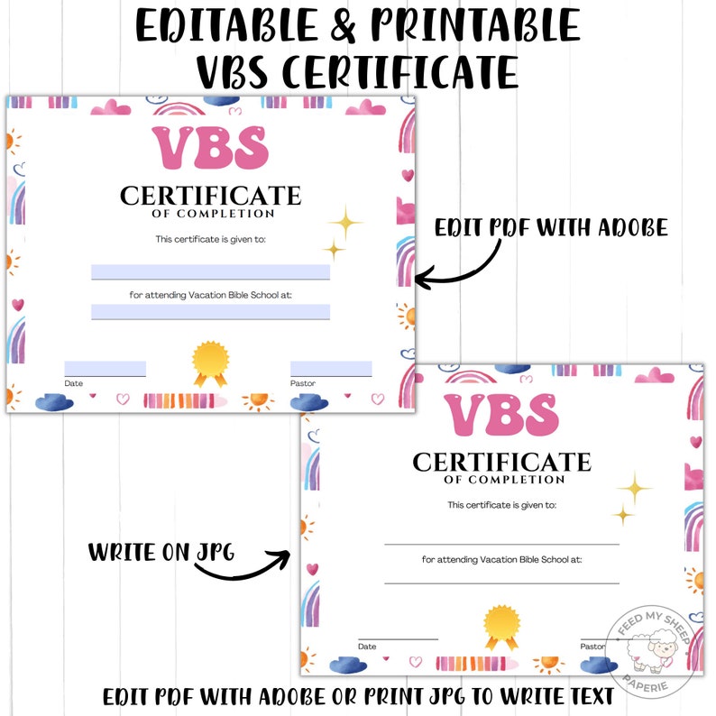 Editable VBS Certificate of Completion: Printable Summer Camp Award (instant Download) - Etsy