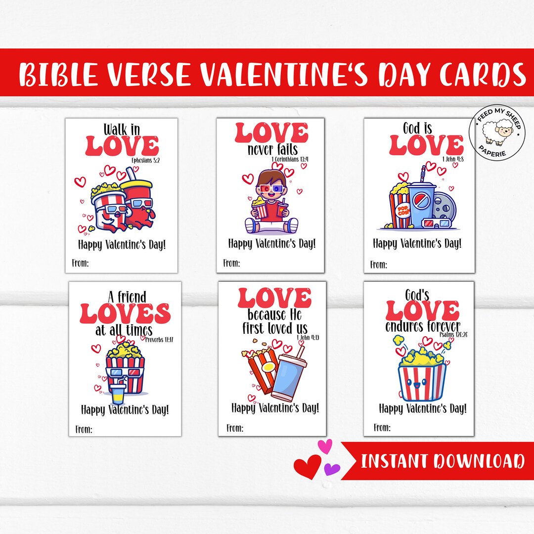 BIBLE VERSE Printable Popcorn Valentine's Day Cards, Classroom ...