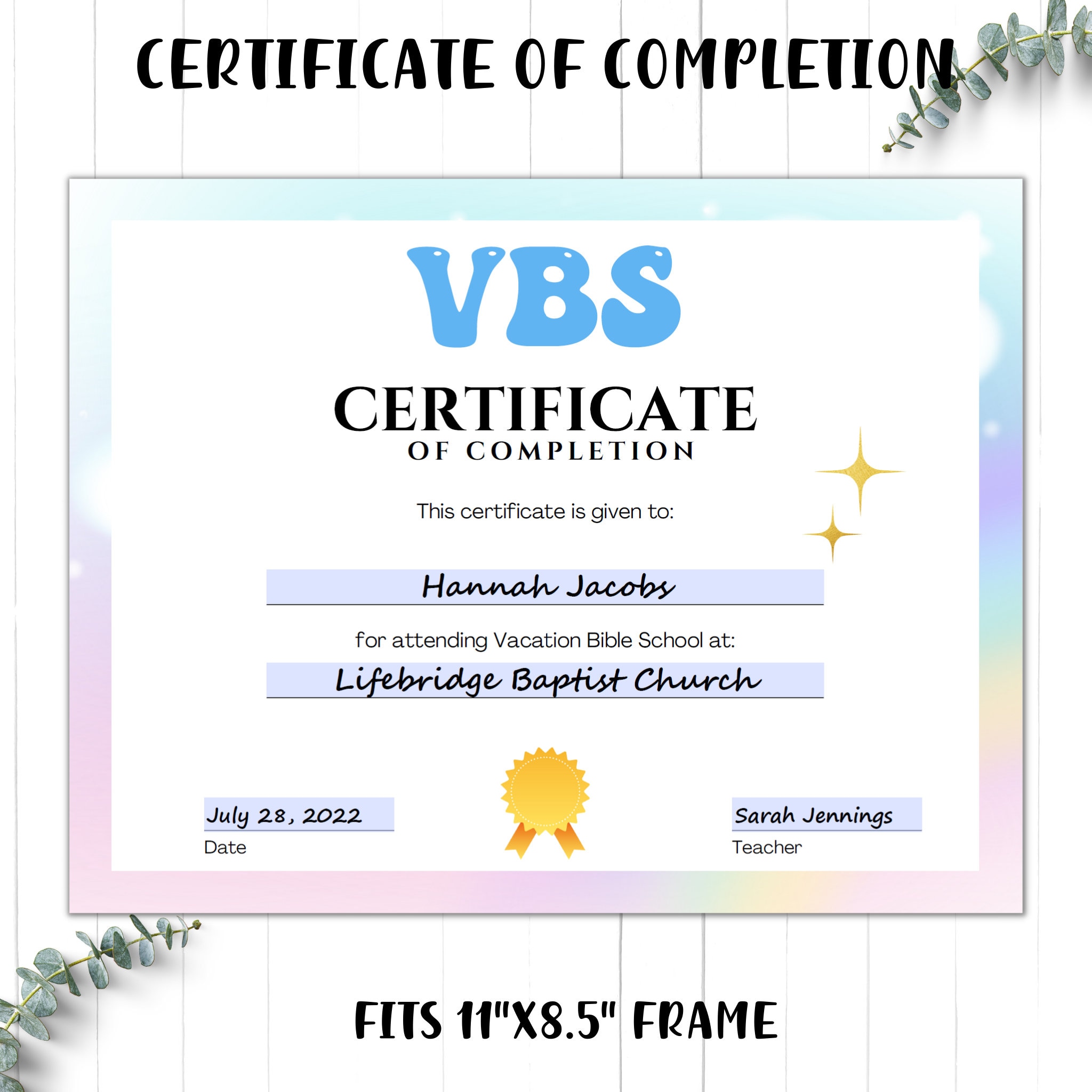 VBS Certificate of Completion: Editable Printable Template (instant ...