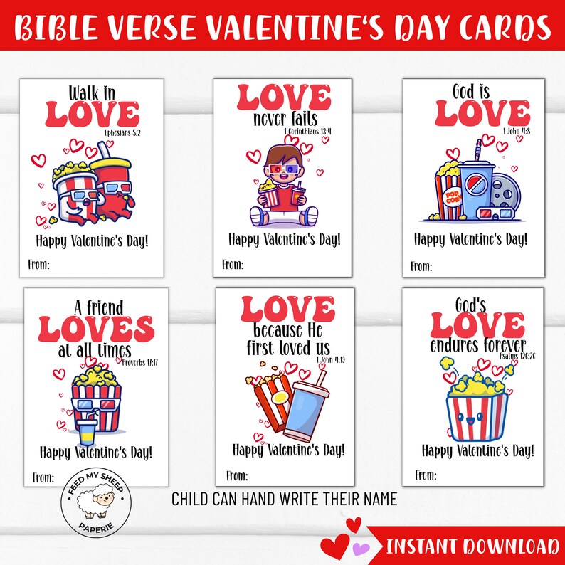BIBLE VERSE Printable Popcorn Valentine's Day Cards, Classroom ...