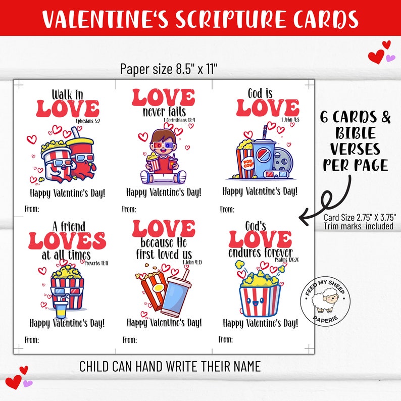 BIBLE VERSE Printable Popcorn Valentine's Day Cards, Classroom ...