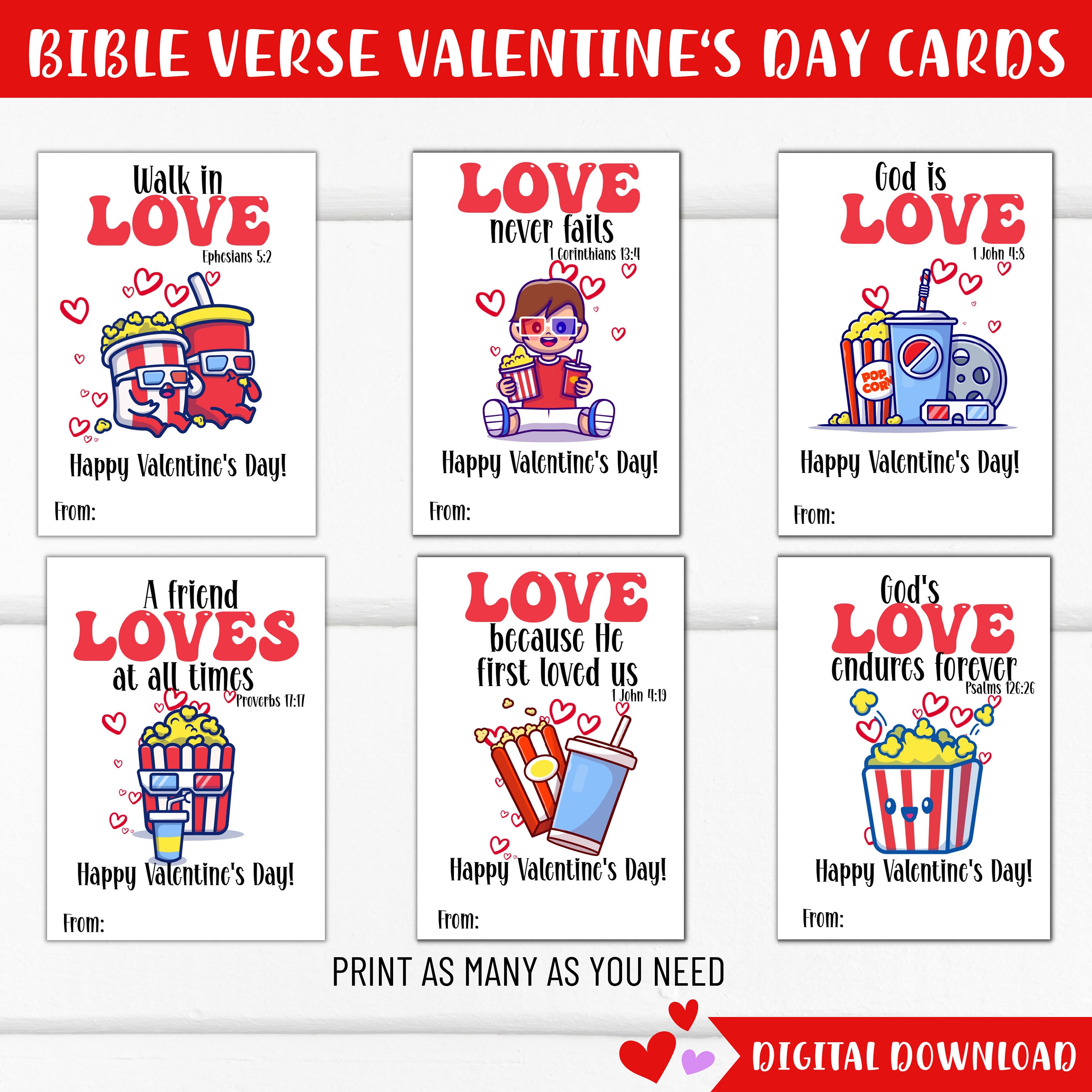 BIBLE VERSE Printable Popcorn Valentine's Day Cards, Classroom ...