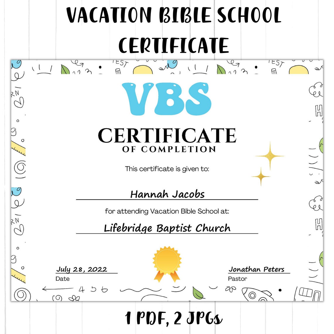 VBS Summer Camp VBS Certificate VBS Vacation Bible School Certificate ...