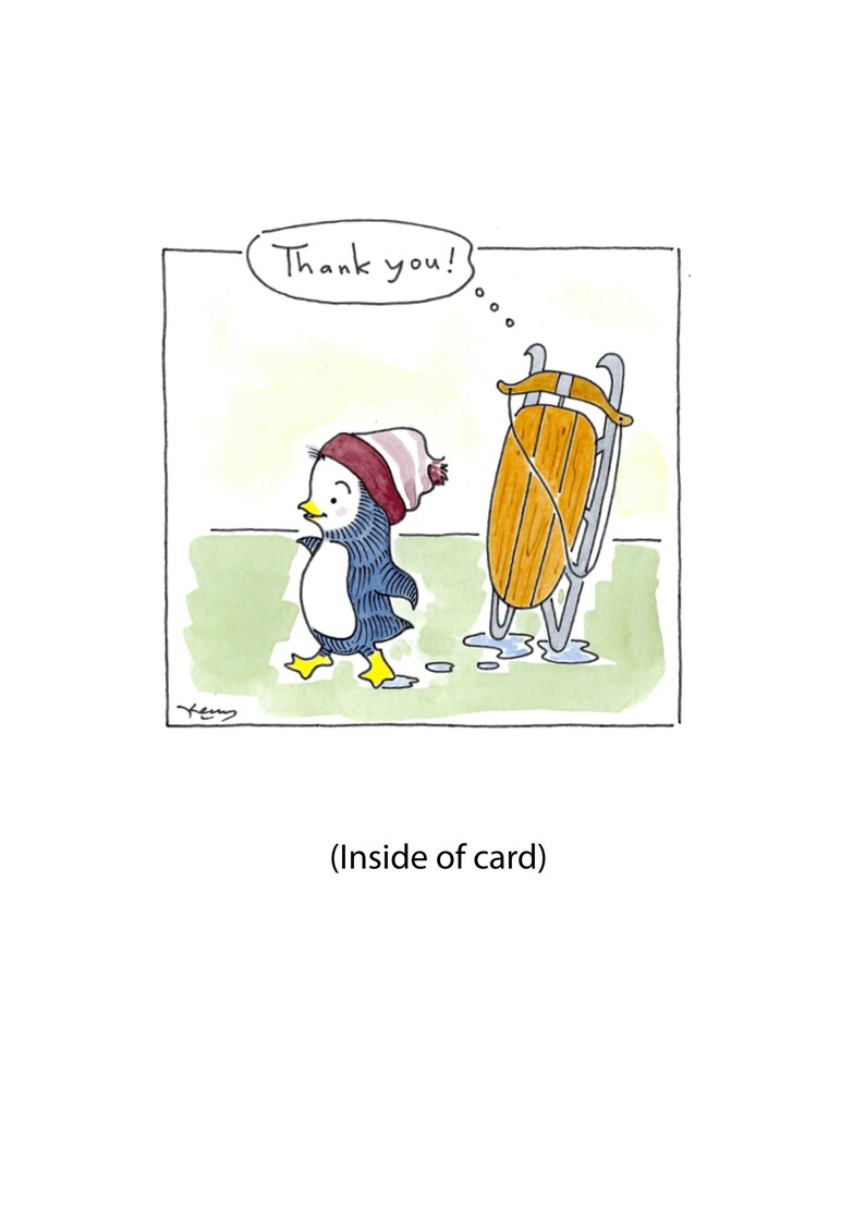 Cute Thank You Card, Penguin and Sled Note Card, Winter Scene, for Kids ...