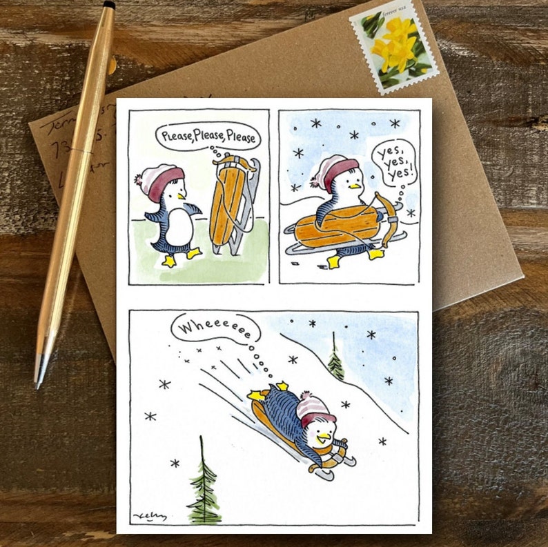 Cute Thank You Card, Penguin and Sled Note Card, Winter Scene, for Kids ...