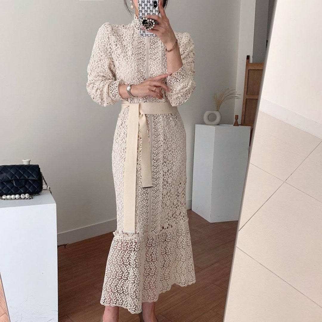 Apricot Lace Dress Women Vintage 2022 Hook Flower Hollow - Etsy