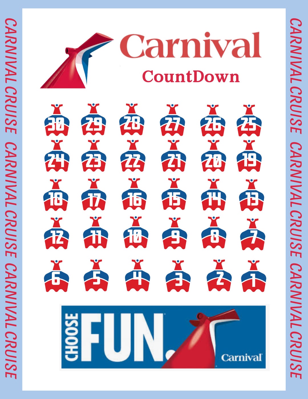 Printable Carnival Cruise Lines Travel Countdown Calendar - Etsy