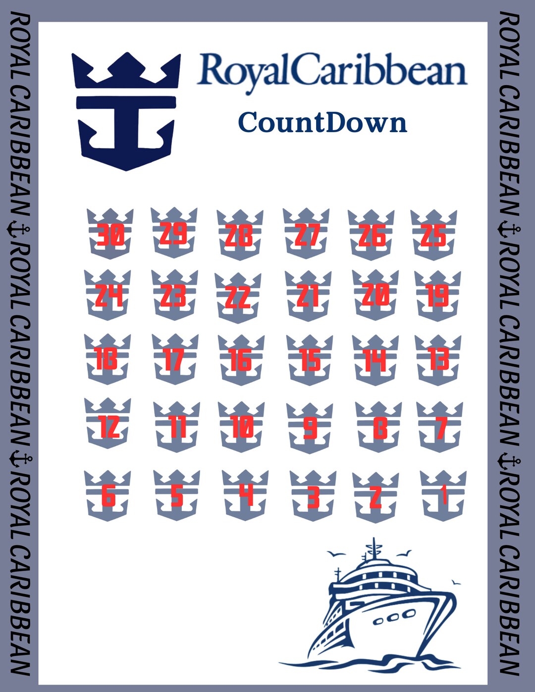Printable Royal Caribbean Cruise Lines Travel Countdown Calendar - Etsy