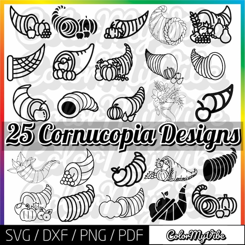 Cornucopia SVG Designs, Thanksgiving Silhouette and Cricut Graphics ...