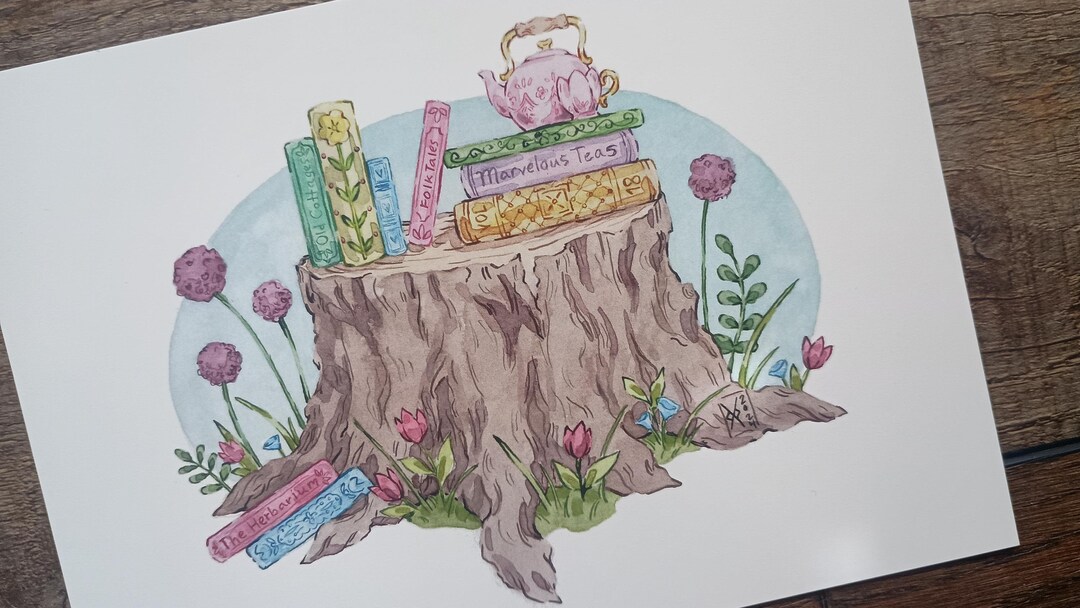 Tree Stump Library - 5x7 Art Print - Whimsical, Tea-time, Garden ...