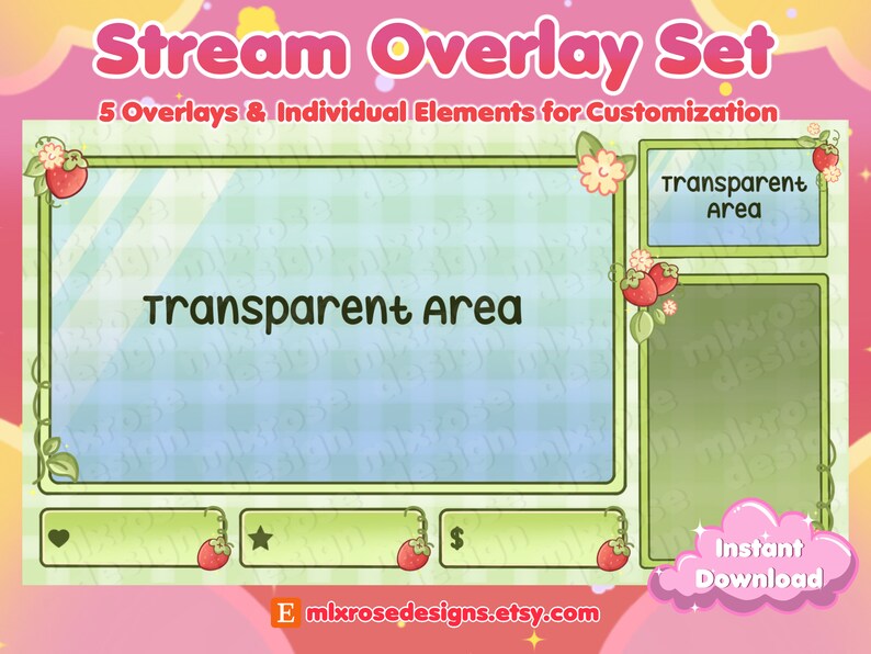 Cute Strawberry Picnic Stream Overlay Set for Twitch/youtube ...