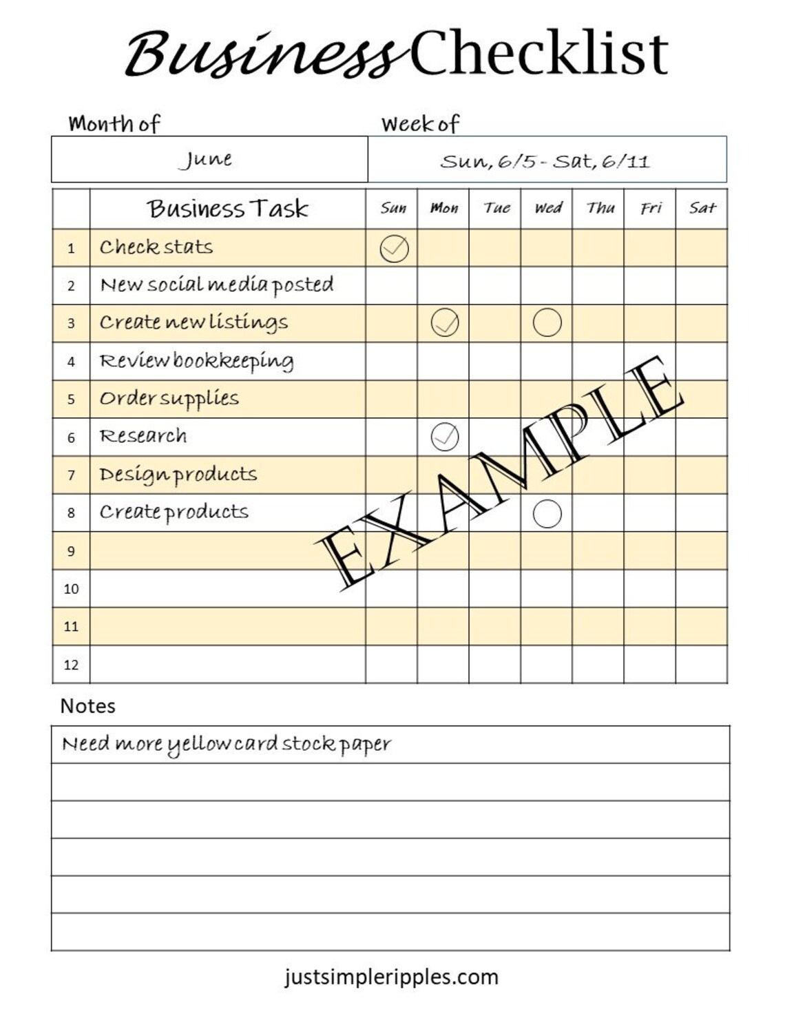 BUSINESS CHECKLIST, Choice of Color, Weekly Task List, Online Business ...