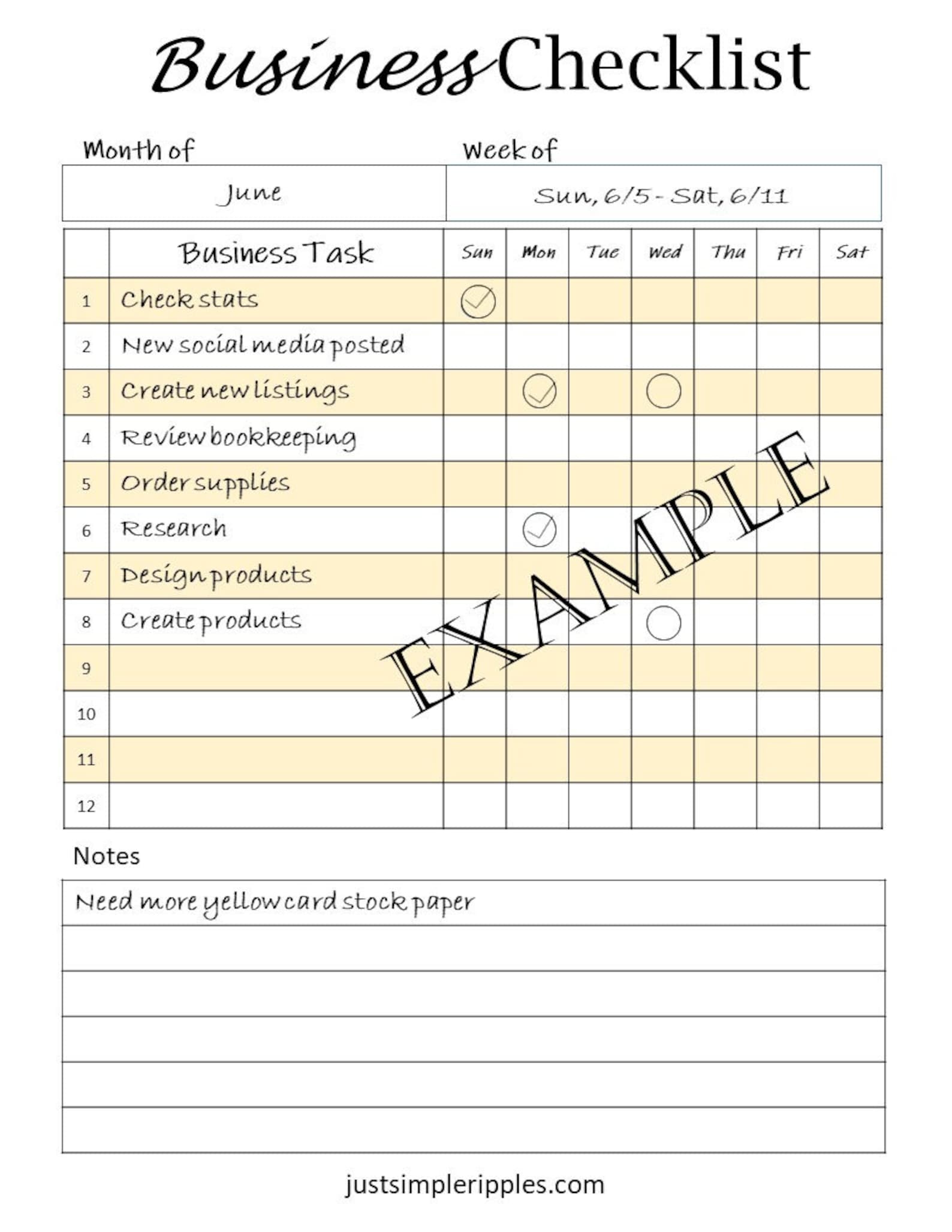 BUSINESS CHECKLIST, Choice of Color, Weekly Task List, Online Business ...