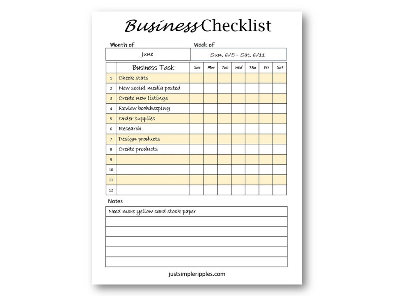 BUSINESS CHECKLIST, Choice of Color, Weekly Task List, Online Business ...