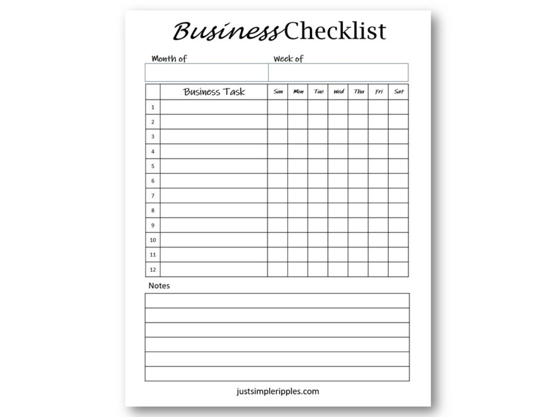 BUSINESS CHECKLIST, Choice of Color, Weekly Task List, Online Business ...