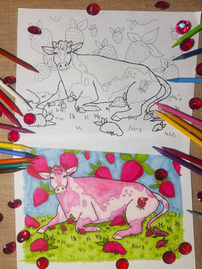 Strawberry Cow Downloadable Coloring Page - Etsy