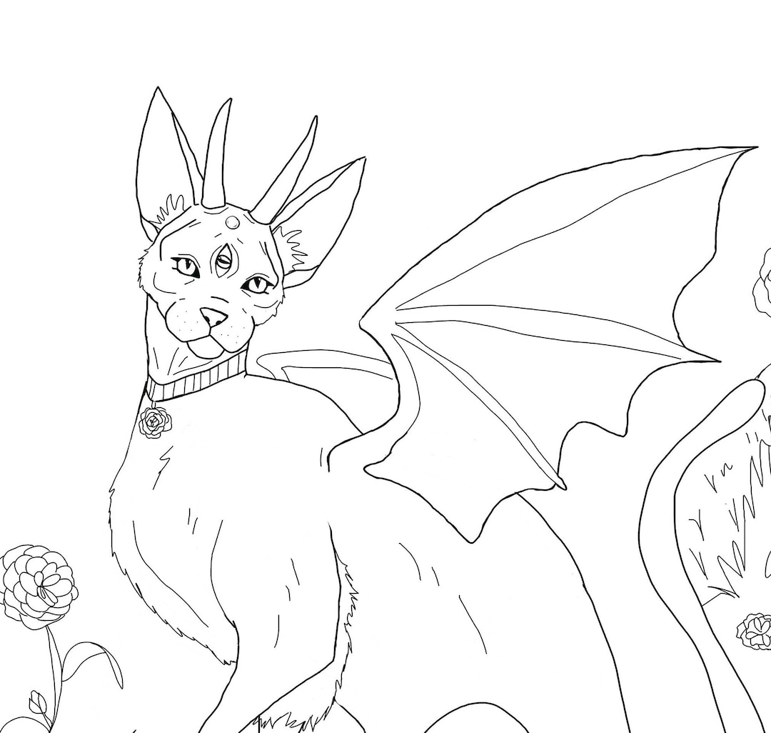 Fantasy Three Eyed Dragon Cat Downloadable Coloring Page - Etsy