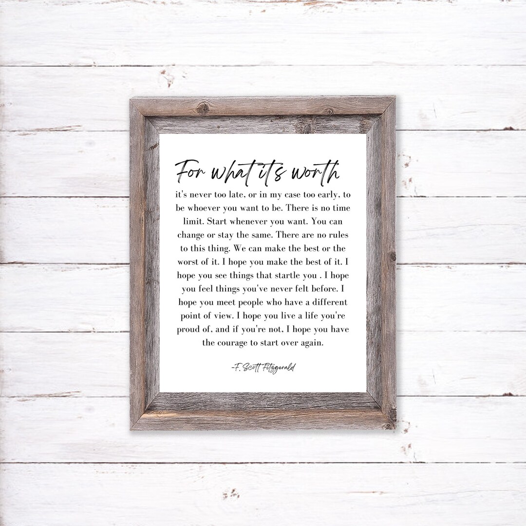 For What It's Worth Poem | F Scott Fitzgerald | Printable Home Decor ...