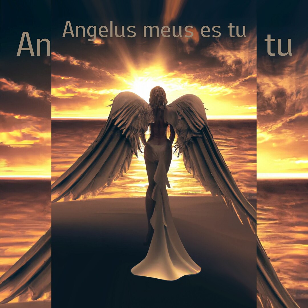 Spiritual Bliss: Angel on Beach at Sunset, Poster Art With Latin Phrase ...