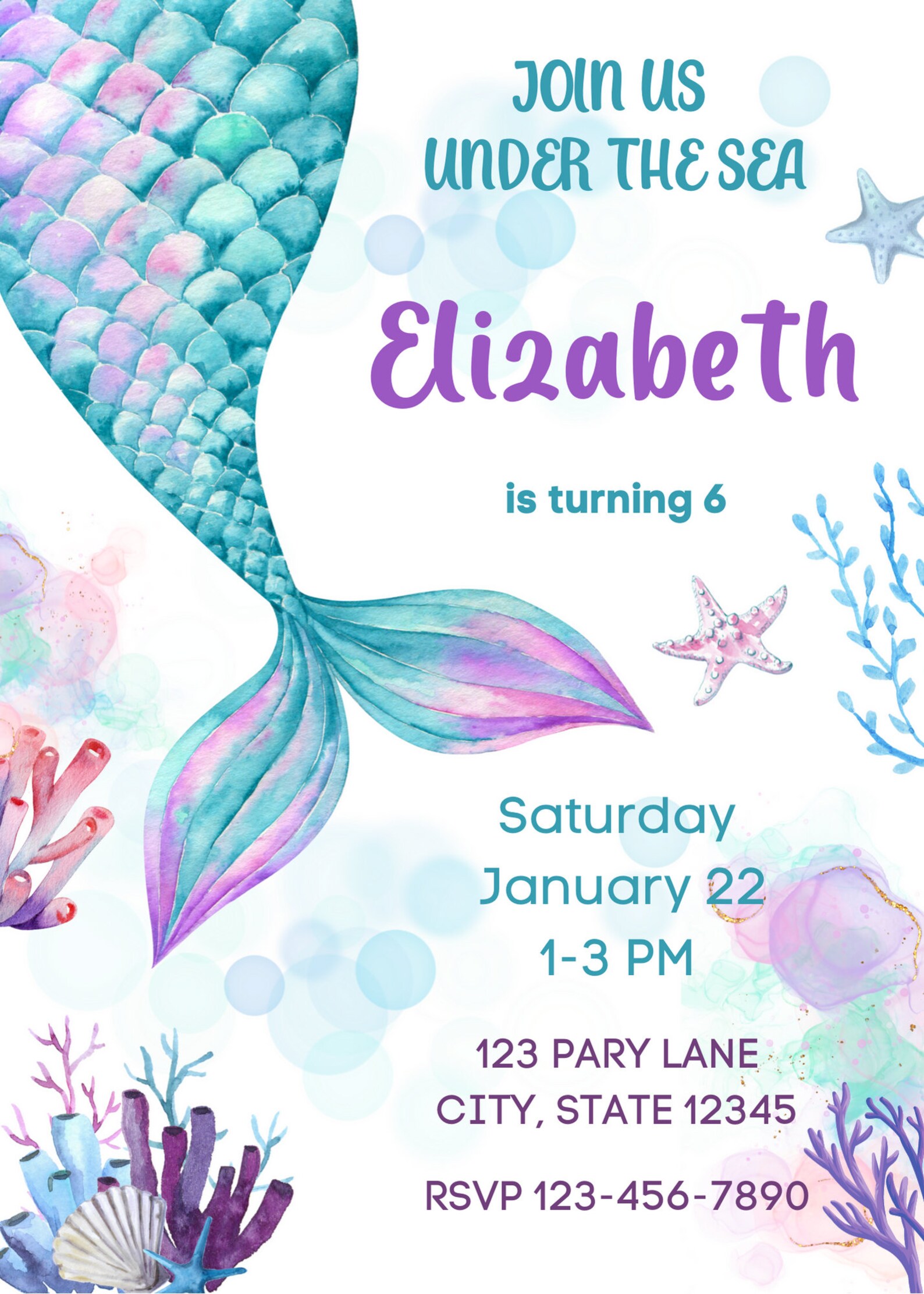 Editable Mermaid Birthday Party Invitation, Mermaid Birthday Invite ...