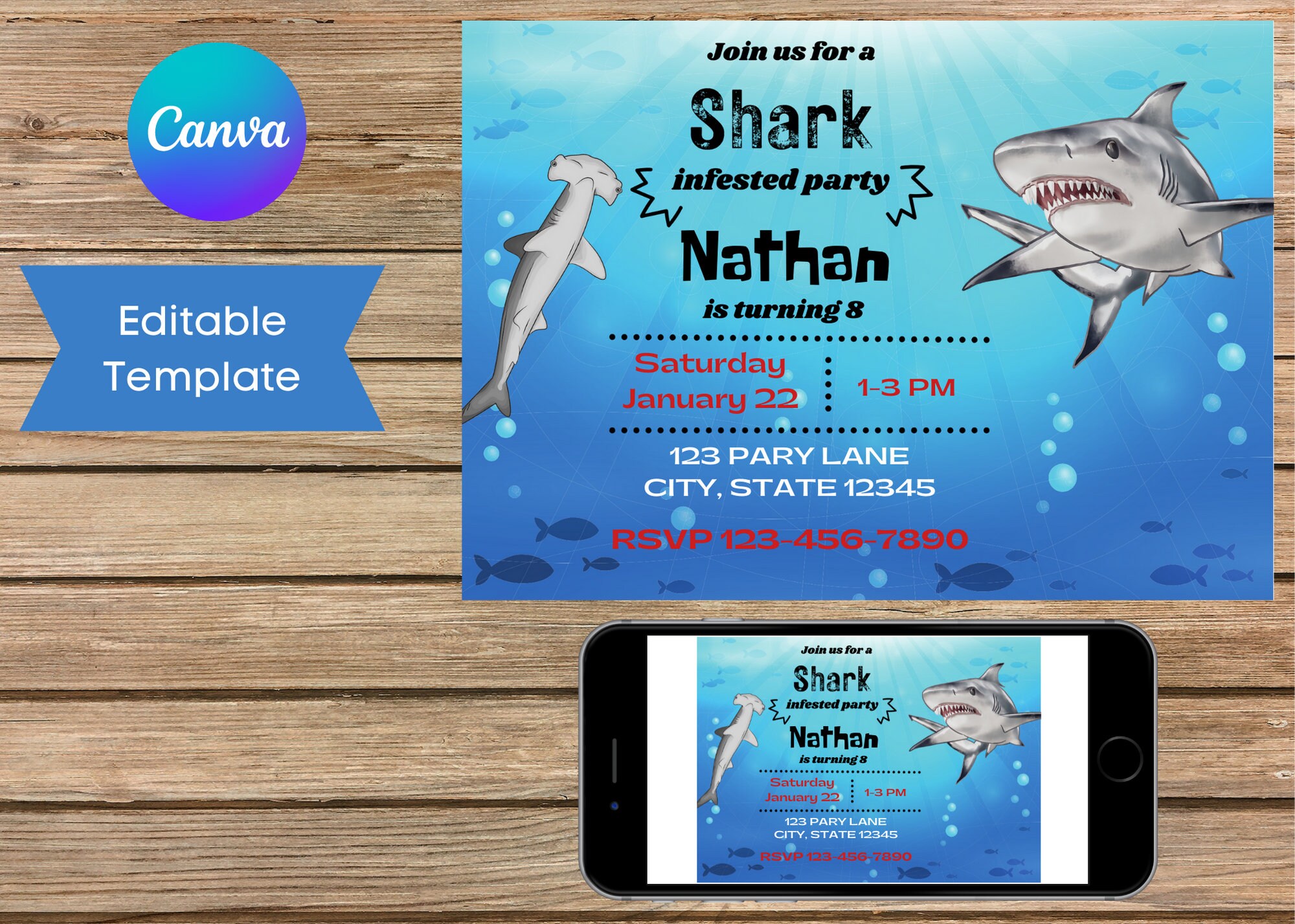 EDITABLE Shark Birthday Party Invitation, Shark Infested Party, Instant ...