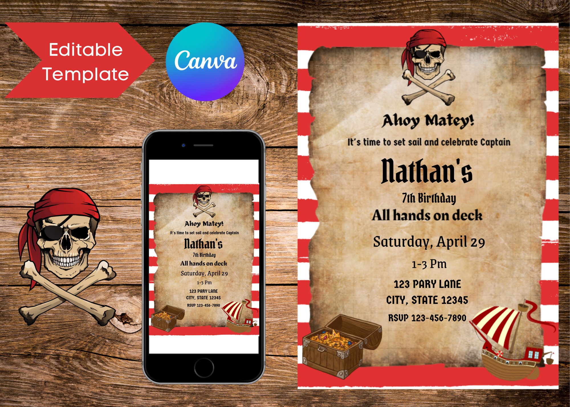 EDITABLE Pirate Birthday Party Invitation, Instant Download, Skull ...