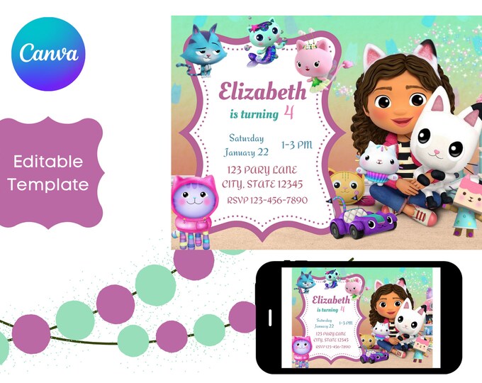 EDITABLE Gabby's Dollhouse Birthday Party Invitation, Instant Download ...