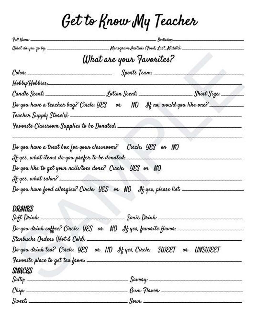 Get to Know My Teacher Questionnaire for Teacher Appreciation - Etsy