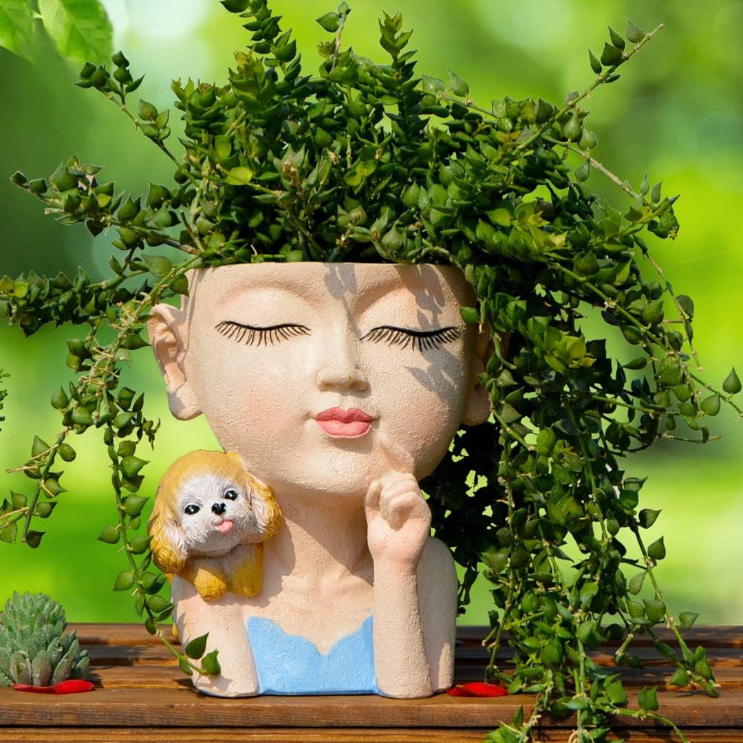 Cuttings With Planter Head Face Planter Woman With Dog on Shoulder ...