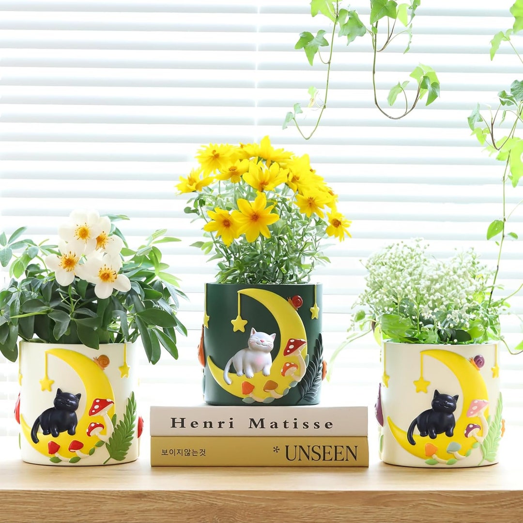 Houseplant Cuttings With Planter Cat Moon Flowers Mushroom Resin Unique ...