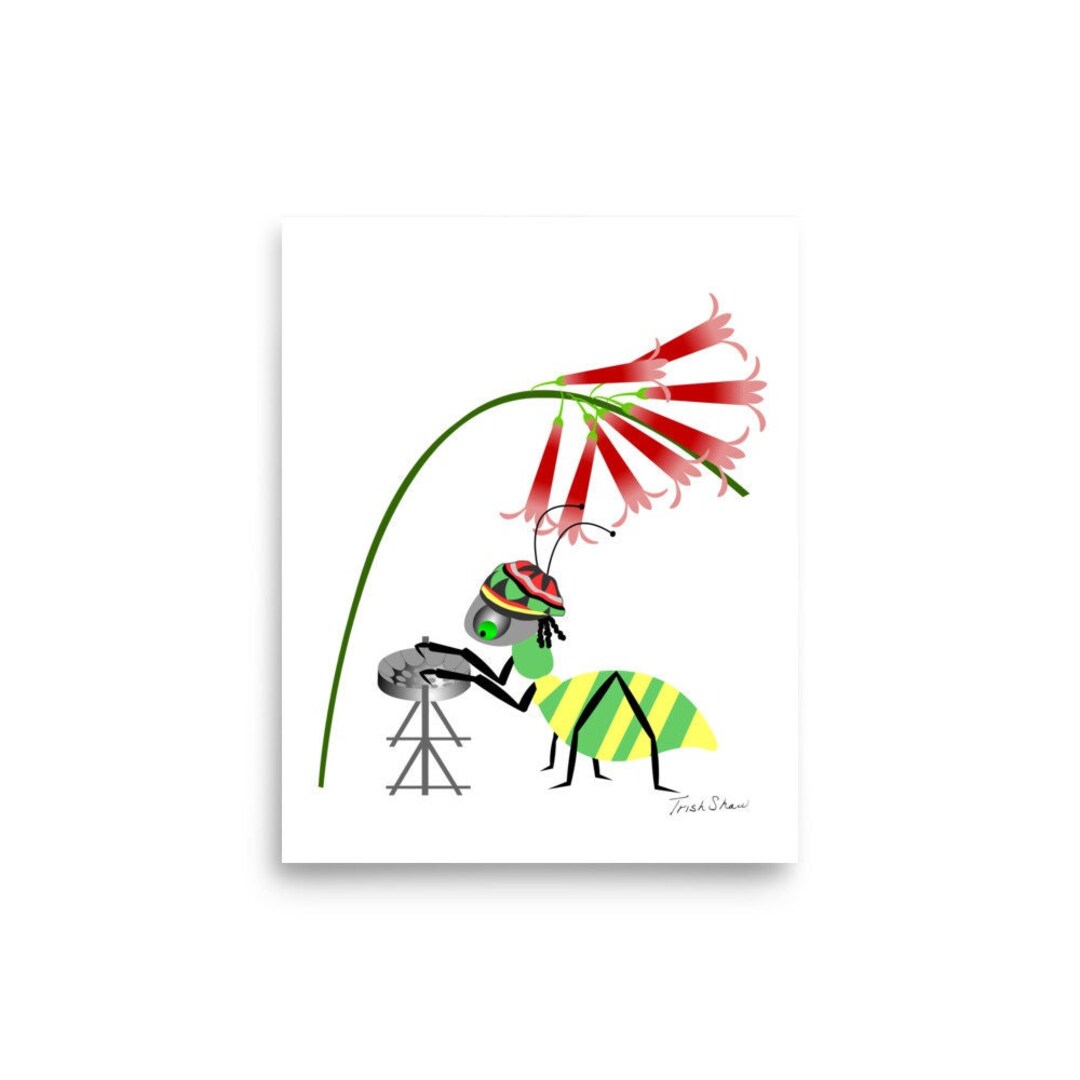 Musical Bug Playing a Steel Drum Under a Firecracker Plant, Unframed ...
