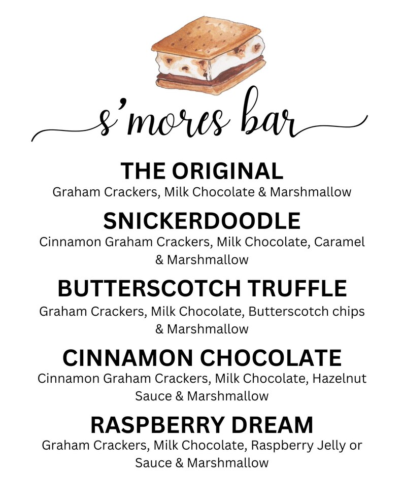 Smore Bar Menu Card Design Wedding Sign Dessert Table Display Party ...