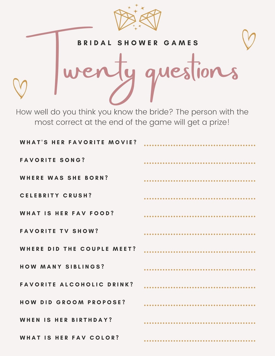 20 Bridal Questions - Bridal Shower - Etsy
