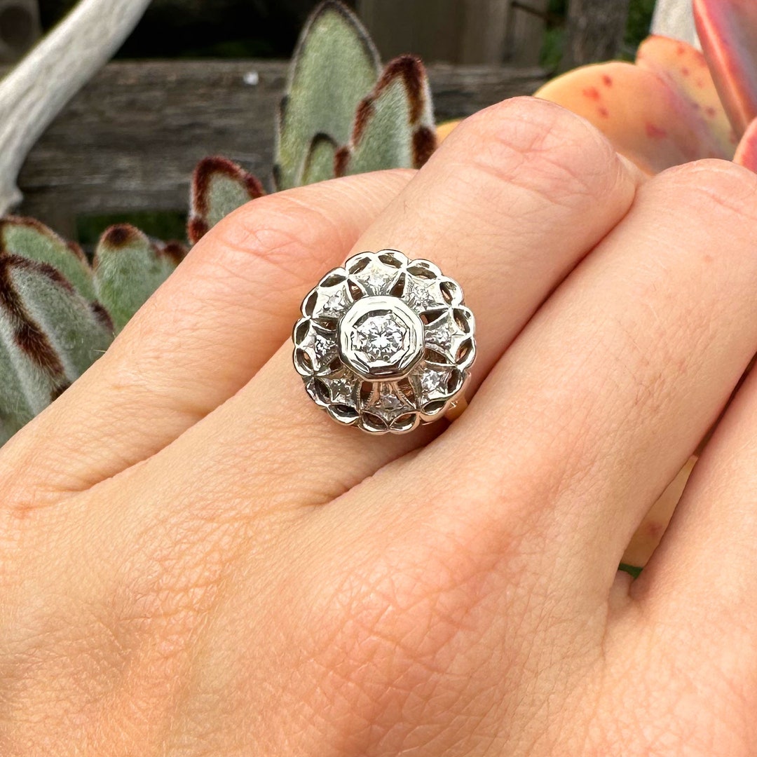 Ladies Vintage Princess Ring, Single Cut Diamonds, 2 Tone Gold - 9 ...