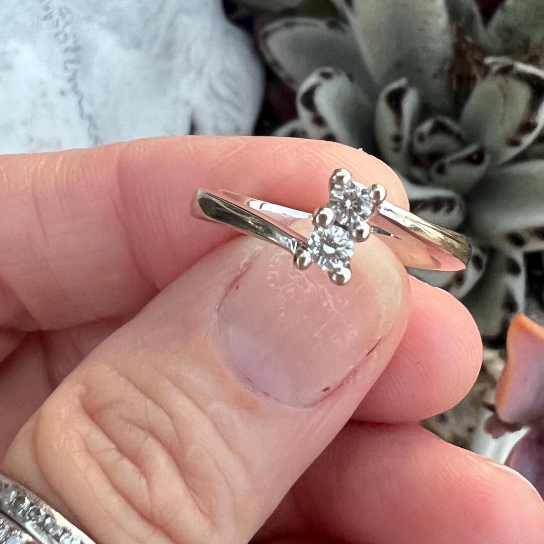 Vintage White 14k Gold Diamond Ring, 2 Stone Design, Engagement Ring ...
